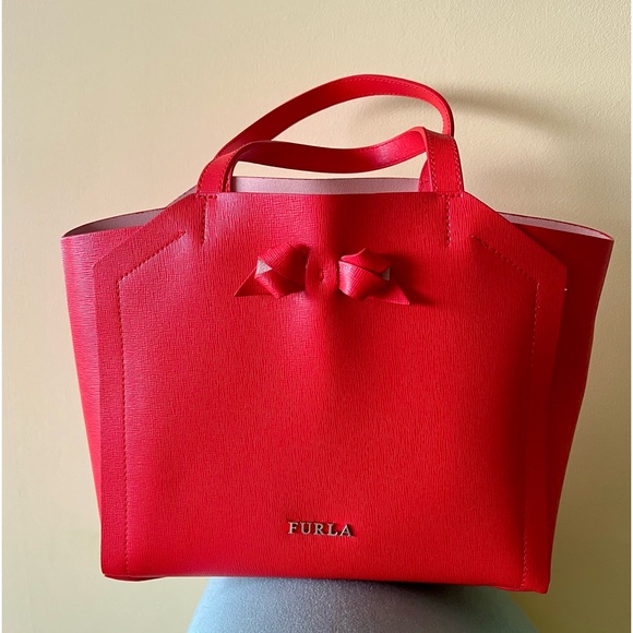 Furla | Bags | Furla Raw Edge Mini Tote With Bow Detail Red Kawaii ...